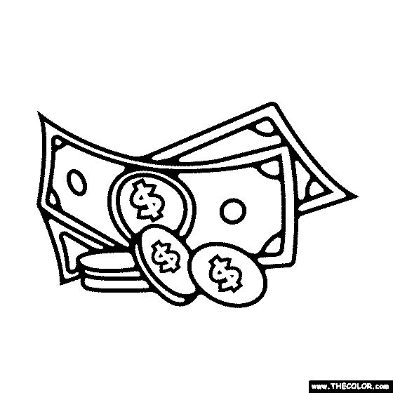 Dollars And Coins Coloring Page
