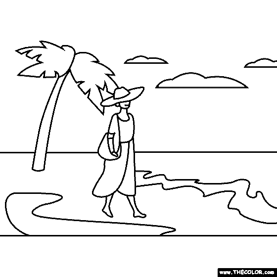 Woman Walking On Beach Coloring Page